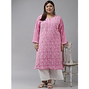 Ada Hand Embroidered Indian Chikankari Traditional Georgette Kurti Kurta Tunic Dress A411221 (L, Pink)