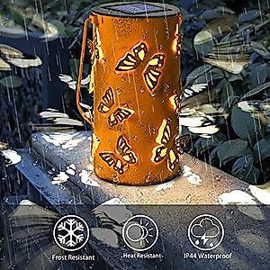 Greenidea 2 Pack Hanging Solar Lanterns Retro Solar Lights with Handle, Outdoor Solar Garden Lights Decor with Butterfly Pattern for Yard Tree Lawn Fence Patio-Yellow