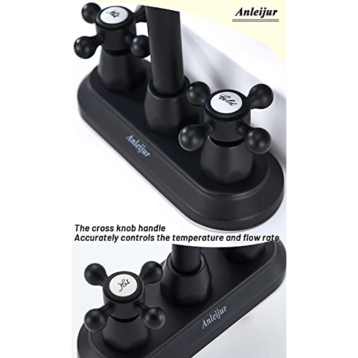 Anleijur Black Bathroom Faucet, Two Handle Bathroom Sink Faucet, 4 Inch Centerset Matte Black Bathroom Sink Faucet with Pop Up Drain, 360 Swivel Spout 2 or 3 Hole RV Bathroom