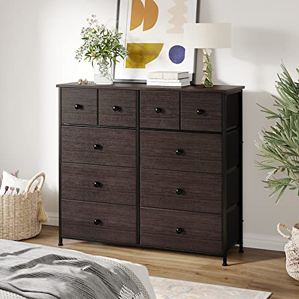 REAHOME 10 Drawer Dresser for Bedroom Faux Leather Chest of Drawers Fabric Dresser with Wooden Top Storage Organizer Unit for Living Room Hallway Entryway Closets (Rustic Brown)