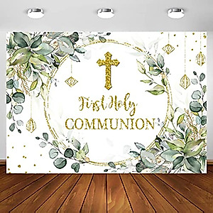 Wollmix 1st First Communion Baptism Decorations Backdrop 9x6ft God Bless Holy Communion Banner Christening Gold Dots Green Leaves Photography Background Baby Shower Banner Photo Booth Props