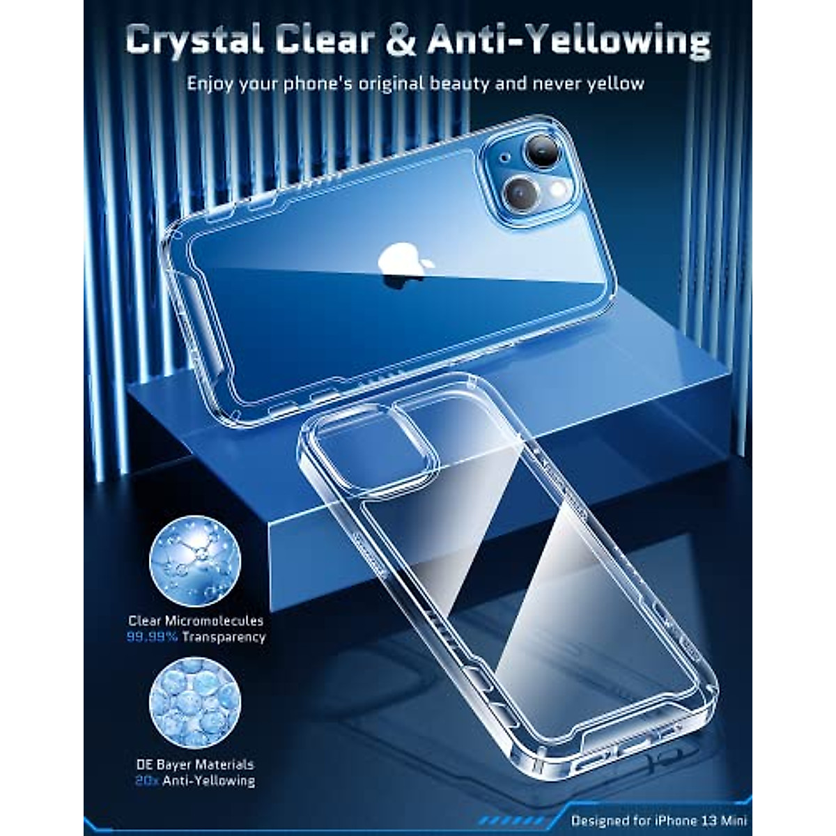 Humixx [5-in-1 Shockproof Designed for iPhone 13 Mini Case with 2 Pack Tempered Screen Protector+2 Pack Camera Lens Protector, Crystal Clear & Non-Yellowing Slim Case for iPhone 13 Mini 5.4