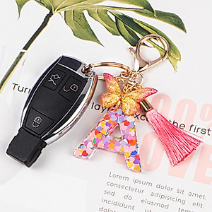 Suweibuke Colourful Cute Initial Letter Keychains for Women Girls with Tassel Butterfly, Charm for Purse Backpacks Handbags Schoolbags (Colorful Pink-A)
