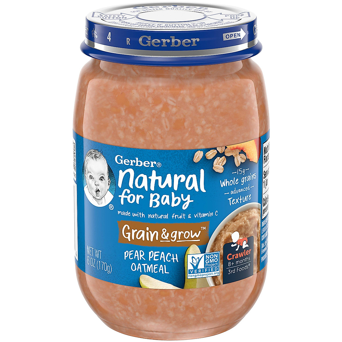 Gerber 3rd Foods Natural for Baby Grain & Grow Baby Food Jar, Pear Peach Oatmeal, Made with Natural Fruit & Vitamin C with Advanced Texture, 6 OZ Glass Jar (Pack of 12)