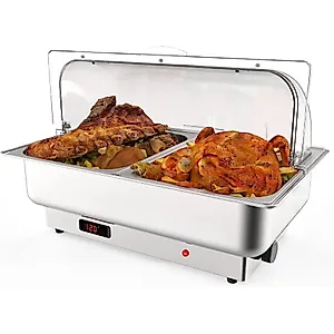 Fulvari Electric Chafing Dish 2 x 4.5QT with Temperature Control, Stainless Steel Buffet Servers and Warmers, Temp Display Programmable Food Warmer Transparent Lid Chafers for Catering