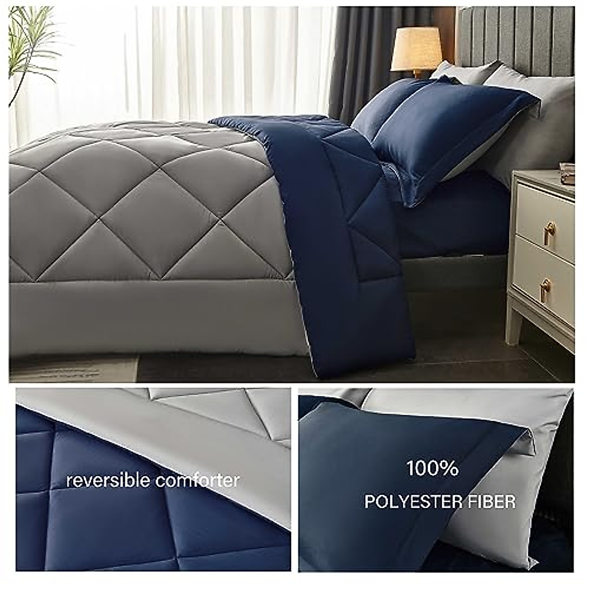 YANYIJING King Size Comforter Set - 8 Pieces Reversible Bed in A Bag King, King Bed Set with Comforters, Sheets, Pillowcases & Shams, Navy Blue King Bedding Set