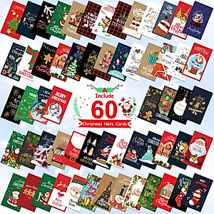 60 Pieces Christmas Greeting Cards 2 x 3.5 Inch Small Christmas Note Cards Claus Snowman Elk Note Cards Funny Mini Christmas Thank You Cards for Christmas Party Celebration Supplies, 60 Designs