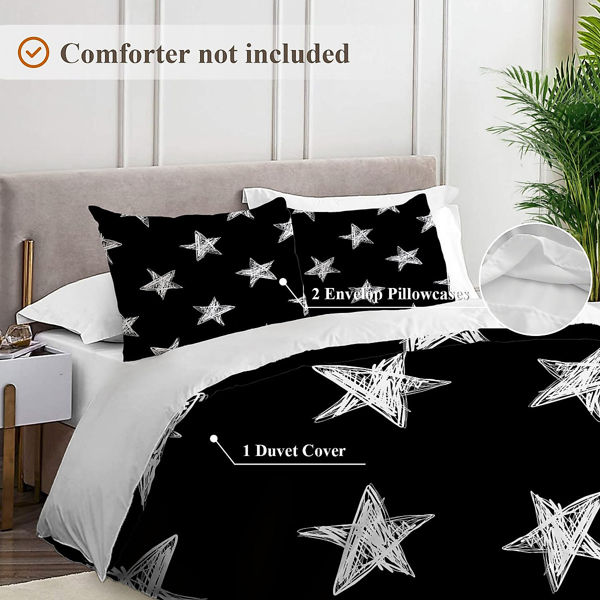 Shrahala Stars Star Black White Duvet Cover Set Queen Size, Chalkboard Stars 3 Pieces Soft Brushed 100% Cotton Duvet Covers with Button Closure, 1 Duvet Cover 90x90 inches and 2 Pillow Shams