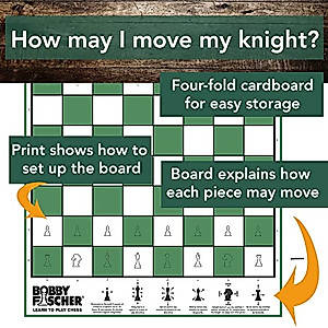 Bobby Fischer® Learn to Play Chess Set Board Game, Easy to Understand - How to Play Chess Book, 34 Plastic Staunton Chess Pieces, Folding Illustrated Chess Board, Family Games for Kids and Adults