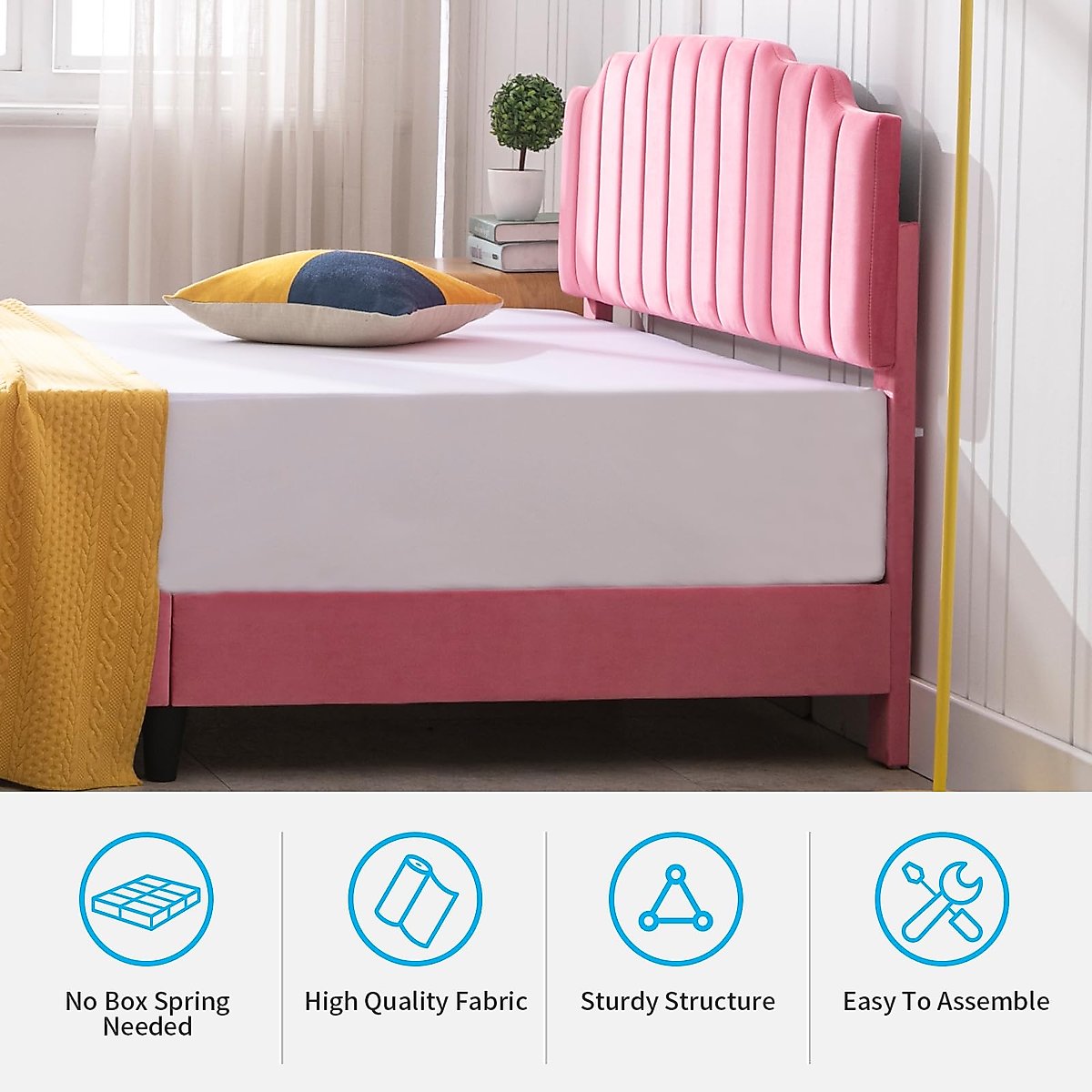 CECER Twin Size Bed Frame for Kids, Upholstered Platform in Linen Fabric, Strong Frame and Sturdy Slats Support, No Box Spring Needed, Easy Assembly (Princess, Twin)