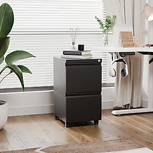 LISSIMO 2 Drawer Metal File Cabinet, Rolling File Cabinet with Lock for Hanging Legal/Letter Size,Under Desk Filing Cabinet for Home Office Assembly Required Black