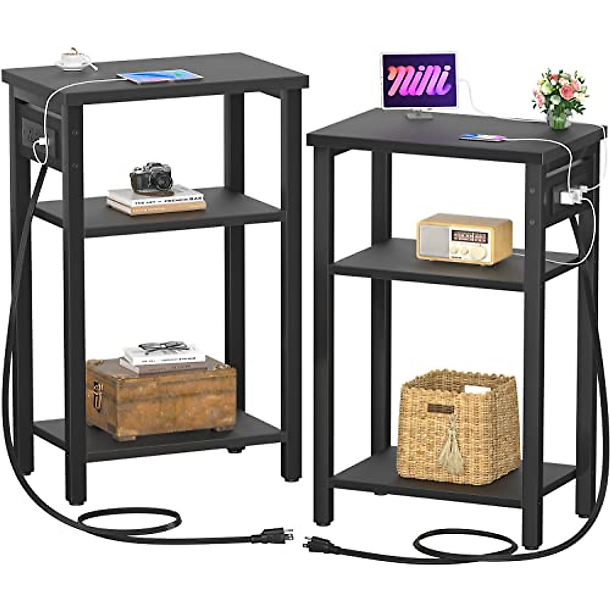 Aheaplus 3 Tier Slim End/ Side Table Set of 2 with Charging Station, Storage Shelf, Narrow Bedside Nightstand with USB Ports & Outlets for Sofa, Bedroom, Living Room, Black