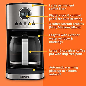 KRUPS Essential 12 Cup Drip Coffee Maker, Digital Programmable Brewer with Auto-Start & Keep Warm