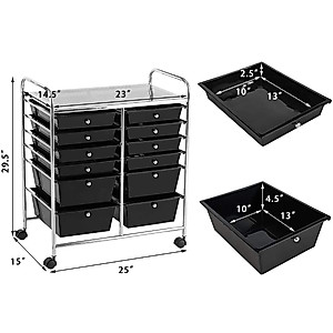 ReunionG 12-Drawer Storage Cart, Rolling Organizer with 4 Large & 8 Small Drawers, Steel Frame, Black