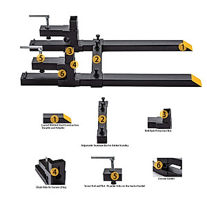 Atatod Heavy Duty Clamp on Pallet Forks w/Adjustable Stabilizer Bar -60" 4000lbs Max- Pallet Forks Clamp On for Tractor Bucket (60inch Total Length）