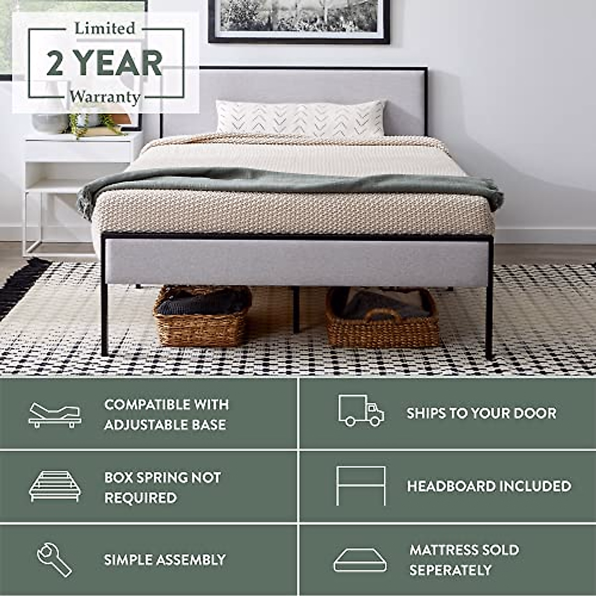 Edenbrook Hudson Full Platform Bed Frame with Headboard-Underbed Storage-Full Bed Frame No Box Spring Needed-Metal/Upholstery
