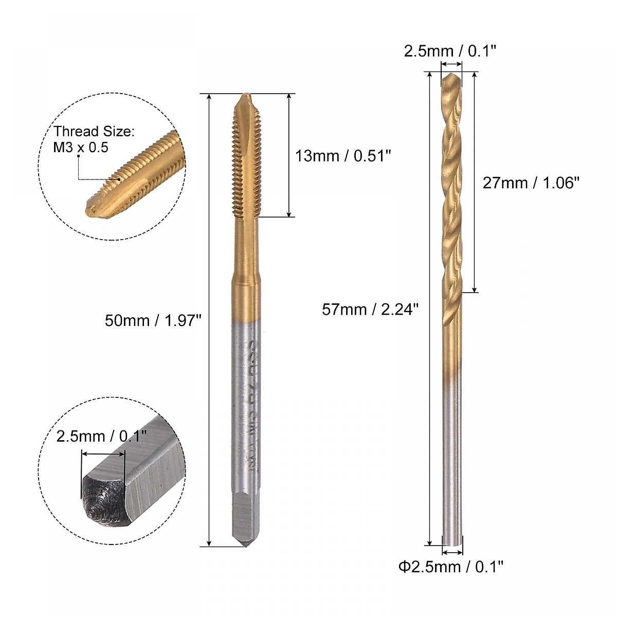 uxcell M3 x 0.5 Spiral Point Thread Tap and 2.5mm Twist Drill Bit Set, Metric Titanium Plated 6542 High Speed Steel Machine Screw Thread Tap Threading Tool