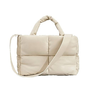 Small Quilted Puffer Shoulder Bag, PU Cotton Padded Designer Handbags, Winter Soft Tote Bag Crossbody Bag (White)