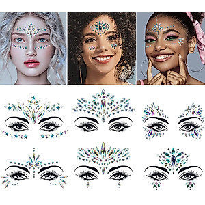 6 Sets Mermaid Face Jewels Rhinestone Face Gems Stick on Halloween Cosplay Party Carnival Festival Crystals Temporary Tattoos