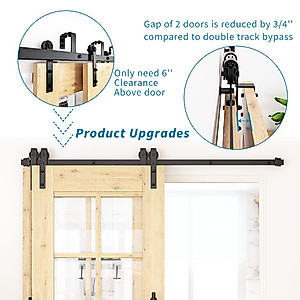 ZEKOO 12FT Single Track Bypass Sliding Barn Door Hardware Kit for Double Doors, Barn Door Bypass Hardware Kit, Flat Track Roller, Low Ceiling (J Shape Hanger)