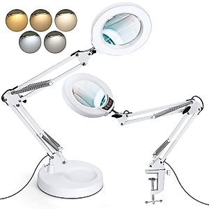 Krstlv 10X Magnifying Glass with Light and Stand, Upgrade Button 5 Color Modes Stepless Dimmable, 2-in-1 LED Lighted Magnifier Light, Hands Free Desk Lamp with Clamp for Craft Hobby Close Work - White