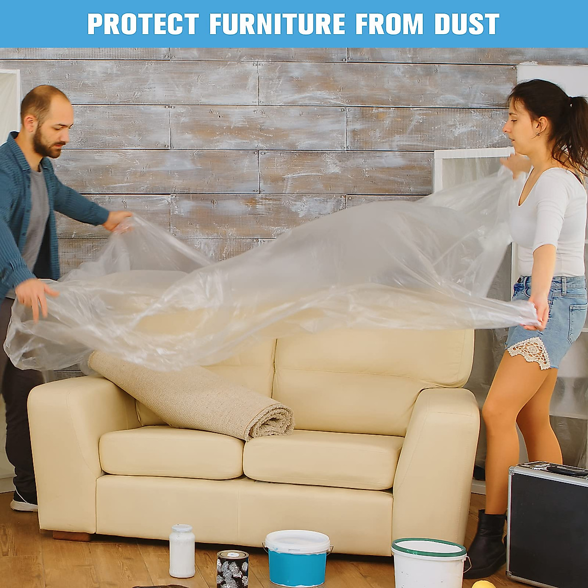 PILOT FISH 2 Mil Plastic Drop Cloth for Painting, Plastic Sheeting 3 Pack 9x12 Feet Waterproof Drop Cloth Heavy Duty Thick Traps Clear Cloth for Furniture Cover, Dustproof Tear Resistance Couch Cover