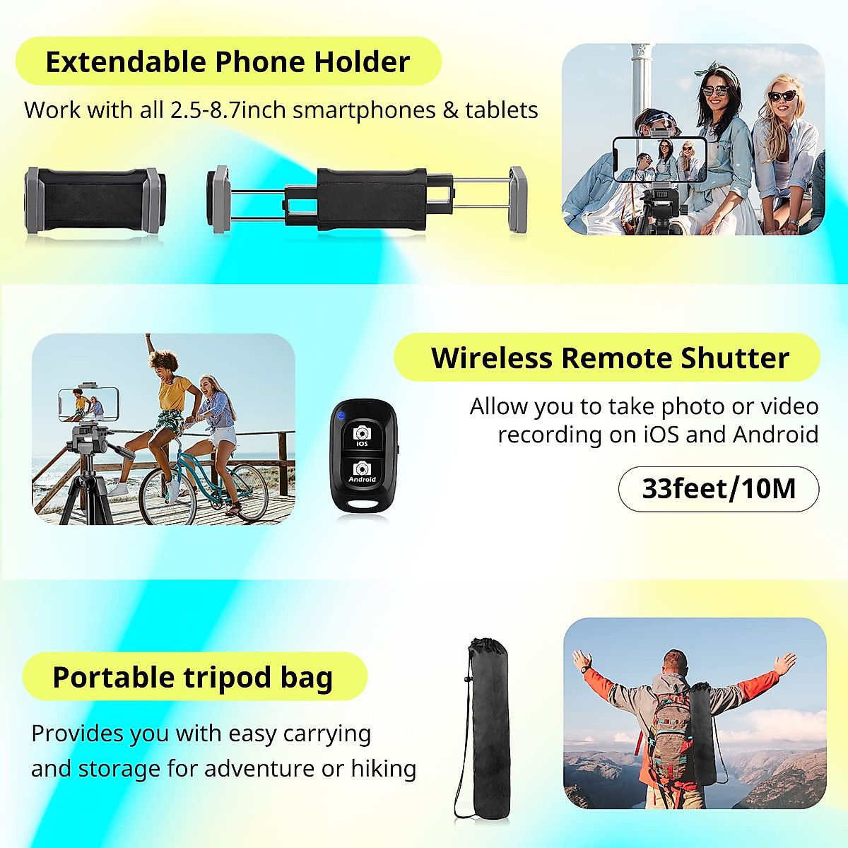 Sensyne 64" Camera Tripod Stand, Versatile Phone & iPad Tripod with Wireless Remote and 2-in-1 Phone Holder for Selfie/Video Recording/Photo/Live Stream/Vlog