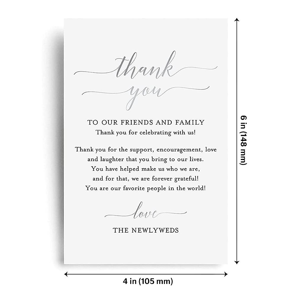 Bliss Collections Wedding Reception Thank You Cards, Pack of 50 Real SILVER Foil Cards, Great Addition to Your Table Centerpiece, Place Setting, Wedding Decorations, Each Card is 4x6, Made in the USA