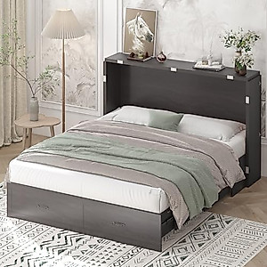 Mjkone Murphy Bed Cabinet Queen with Foldable High Elasticity Mattress, Cube Cabinet Bed with USB Charging Station, Solid Wood Chest Bed for Bedroom Guest Room Office (Gray, Cabinet Bed A)