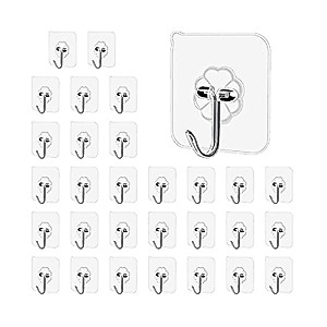 Sticky Wall Hook for Hanging 22 lbs (Max) Super Strong Heavy Duty Self Adhesive 30 Pack Transparent Invisible Waterproof Hooks for Bathroom Shower Outdoor Kitchen