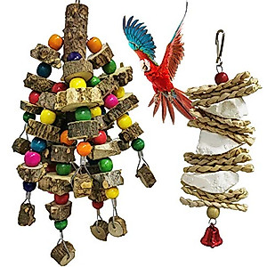 kathson 2PCS Natural Parrot Chewing Toys Wood Bird Toy Hanging Parakeet Hammock Cage Accessories Cuttlebone Beak Grinding for Parrots Cockatoos African Grey Cockatiels Conure Eclectus Budgies