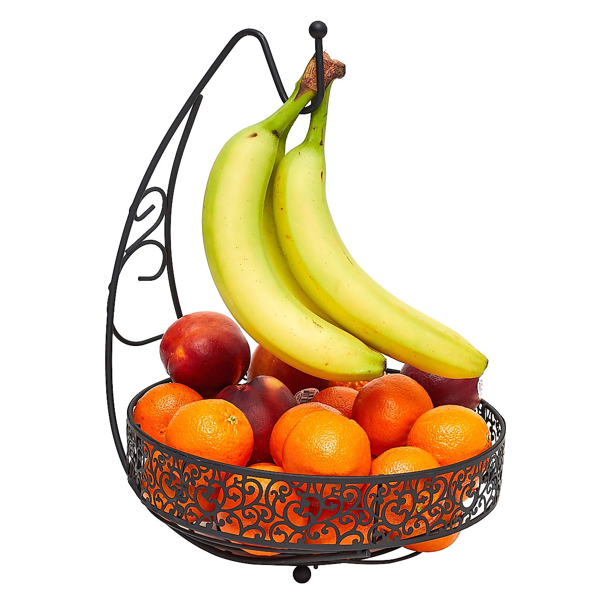 Totally Kitchen Fruit Basket with Banana Tree Hanger | Round Metal Fruit Storage Bowl | Matte Black