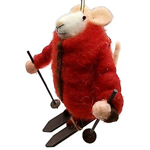 OnHoliday Wool Felt Skiing Mouse in Red Parka Hanging Christmas Tree Ornament.
