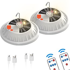 Solar Camping Lantern, BaishenglinMotor LED Solar USB Rechargeable Portable LED Lanterns Flashlights with Remote Control for Indoor Outdoor Home Emergency Power Outage Hurricane Supplies 2-Pack