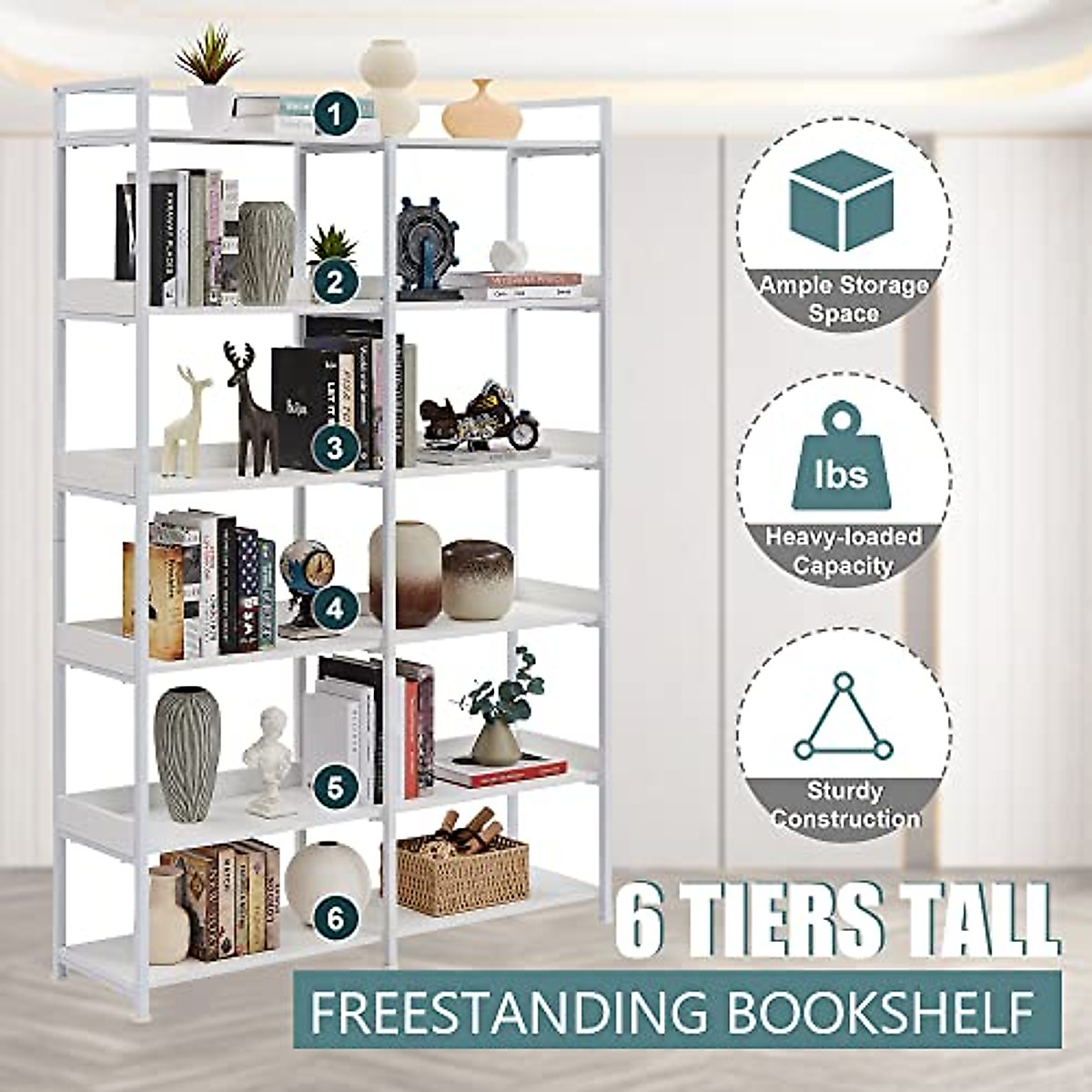 Merax 6-Tier Tall Bookshelf Bookcase, Freestanding Open Large Vintage Industrial Storage and Display Shelves for Home Office