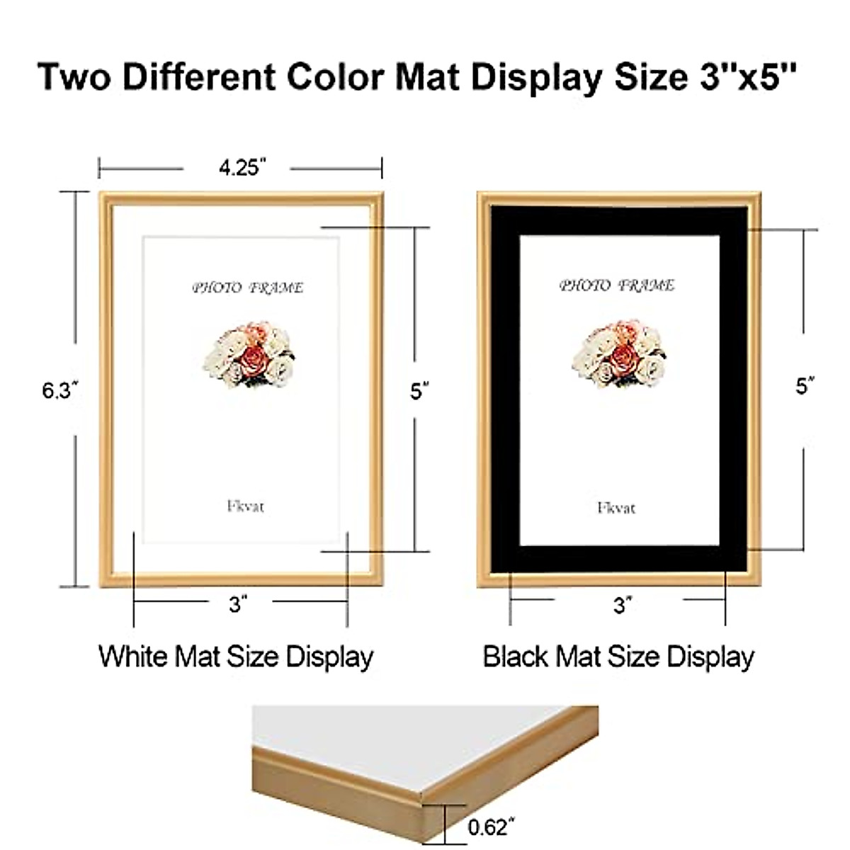 Fkvat 4x6 Picture Frame Set of 4, Matted Gold Simple Modern Thin Aluminum Metal Photo Frame Fits 3x5 with Mat or 4x6 without Mat Photo. Display for Tabletop or Wall Collage. (Horizontal & Vertical). with White and Black Mats.