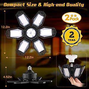 2 Pack led Garage Light 120W Warm Light Garage Lighting Ceiling fixtures led Basement Light 3000k deformable Garage Lighting Screw in 12000LM LED Shop Light Bulb for Basement Workshop Warehouse Barn