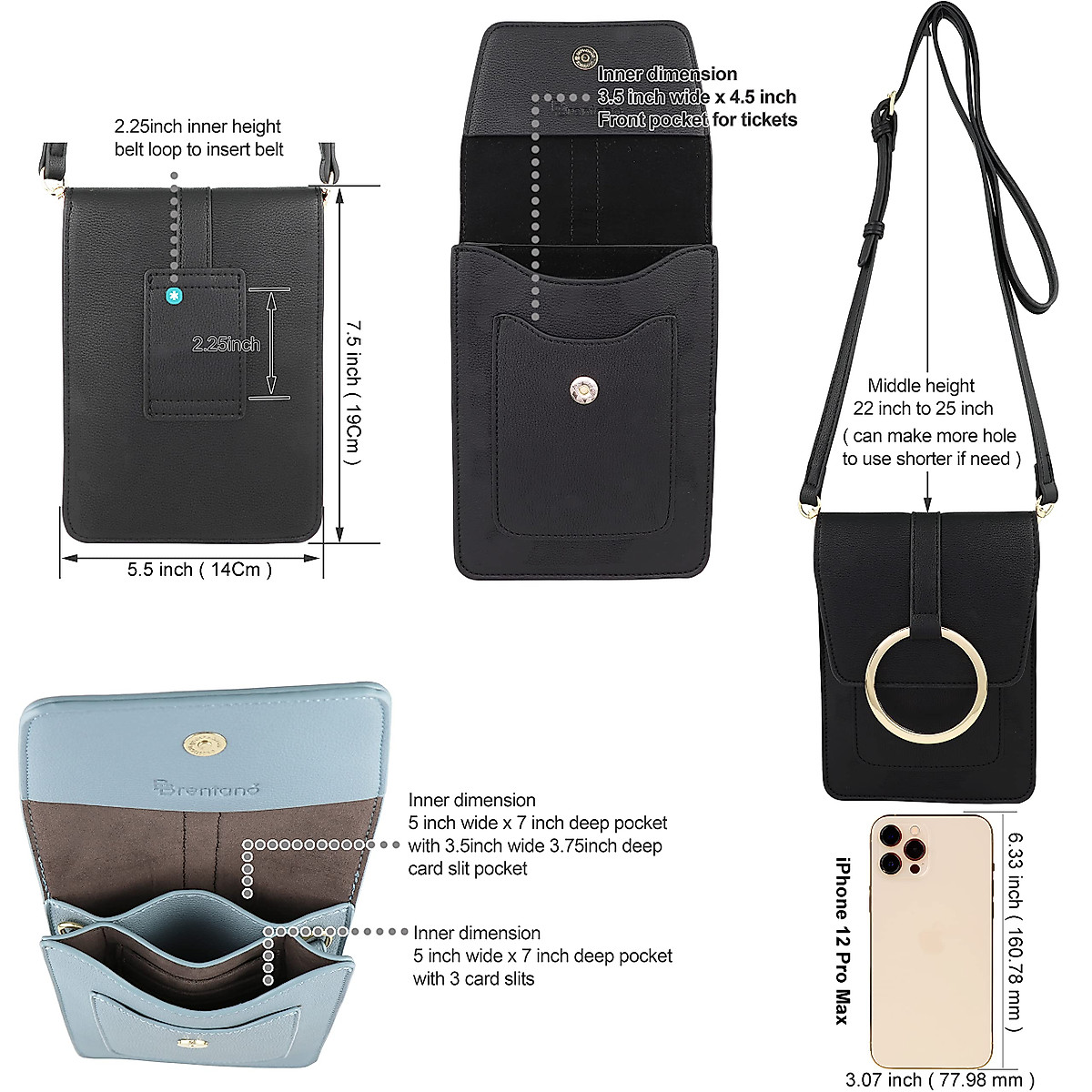 B BRENTANO Vegan Small Flap-Over Crossbody Bag and Waist Purse with RIFD Blocking (Black)