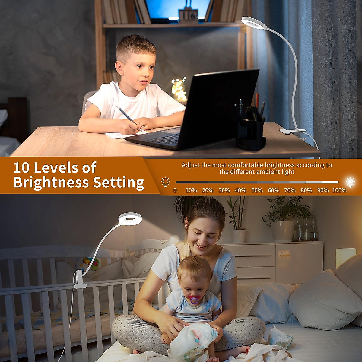 iZELL Reading Light, USB Clamp Lamp for Child Reading Book in Bed at Night, LED Small Desk Lamp with Adjustable Gooseneck Clip on Beside Table for Studying Working Drafting Sewing - 15.8‘’ White