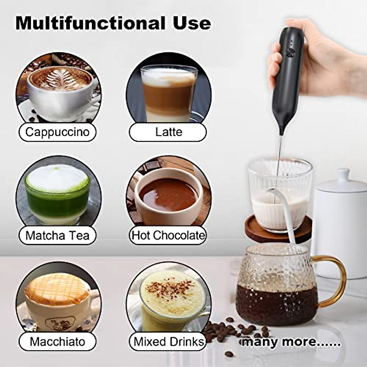 Rechargeable Milk Frother Handheld Electric Whisk Beater Foam Maker, Durable Mini Drink Mixer and Coffee Blender Frother for Coffee, Latte, Cappuccino, Frappe, Matcha, Hot Chocolate, Egg (Black)