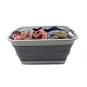 SAMMART 42L(11 Gallon) Collapsible Plastic Laundry Basket-Foldable Pop Up Storage Container/Organizer-Portable Washing Tub-Space Saving,Water Capacity 34L(9 Gallon) (1 Rectangular - Strengthen, Grey)