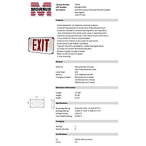 Morris Products Wet Location Combo LED Exit Emergency Sign – Remote Capable, Red Legend, Clear Polycarbonate Cover
