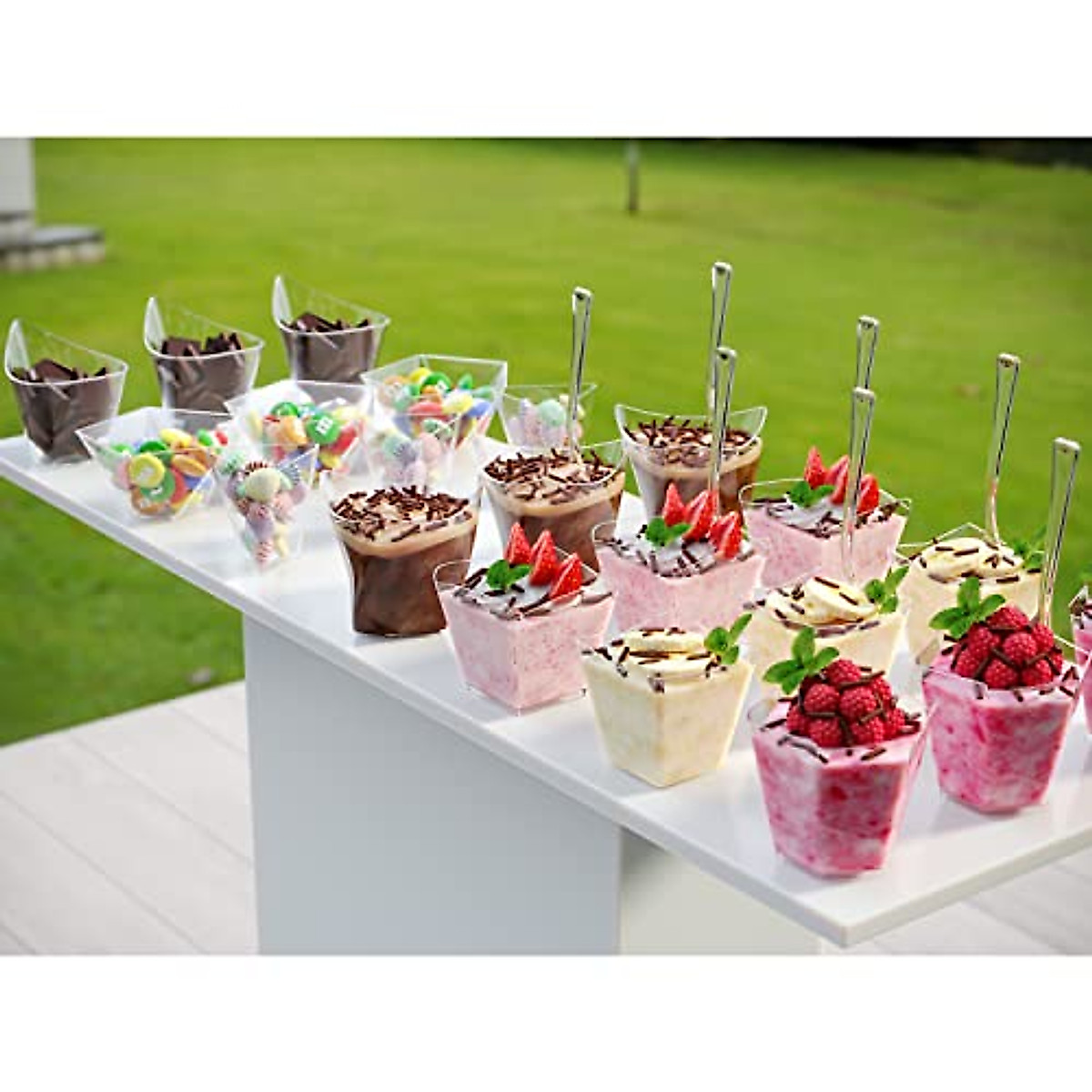 Exquisite Mini Dessert Cups With Spoons 196 PCS I Serves 96 I 2 Oz Disposable Mini Angled Square Plastic Cups For Mini Dessert I Small Dessert Cups with Spoons I Clear Dessert Cups With Spoons