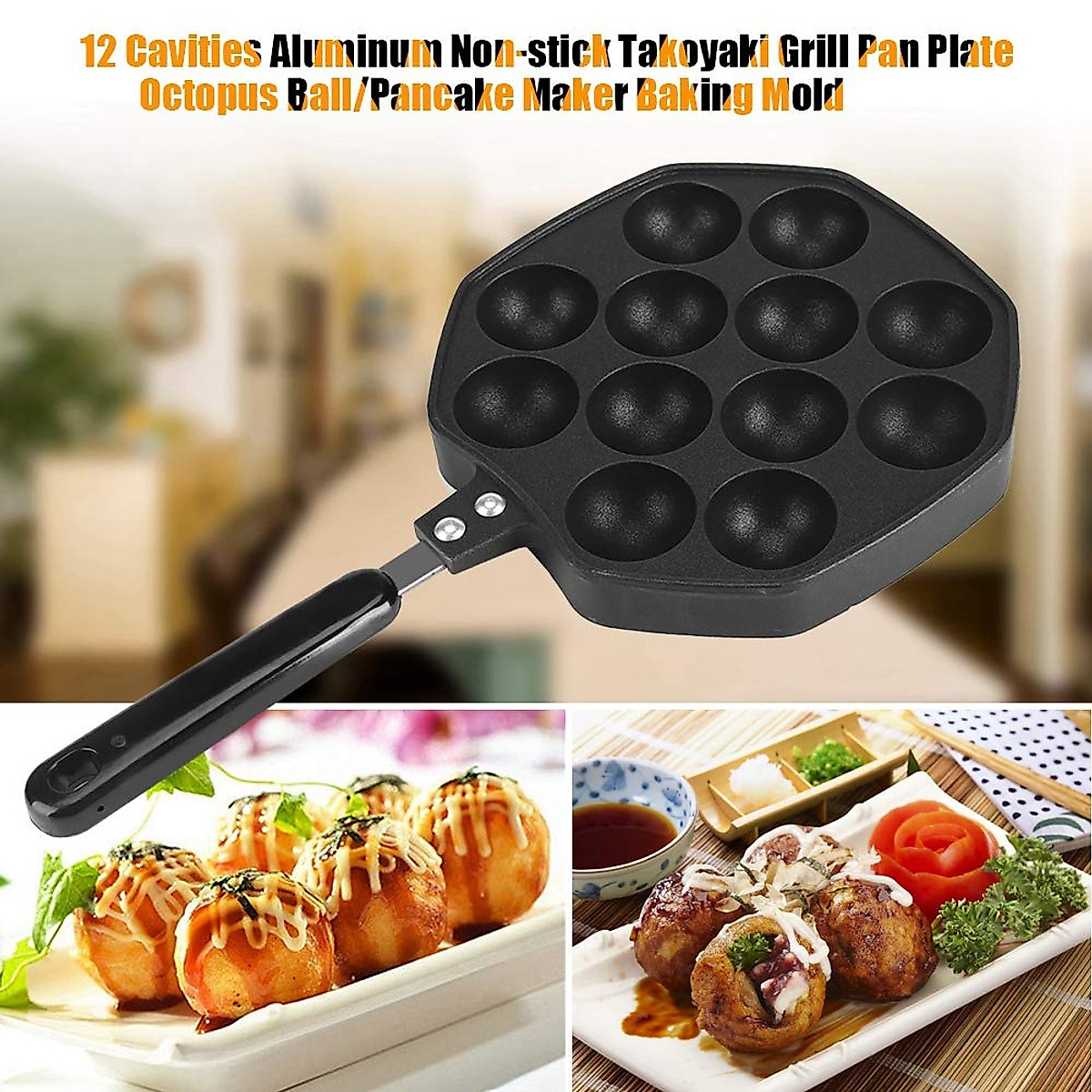 12 Cavities Takoyaki Grill Pan, Aluminum Non-stick Baking Takoyaki Grill Pan Plate Octopus Ball/Pancake Maker