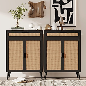 Rovaurx Accent Floor Storage Cabinet with Rattan Doors, Bathroom Cabinet with Large Drawer, Floor Cabinet Organizer, Black and Natural BMGZ107B