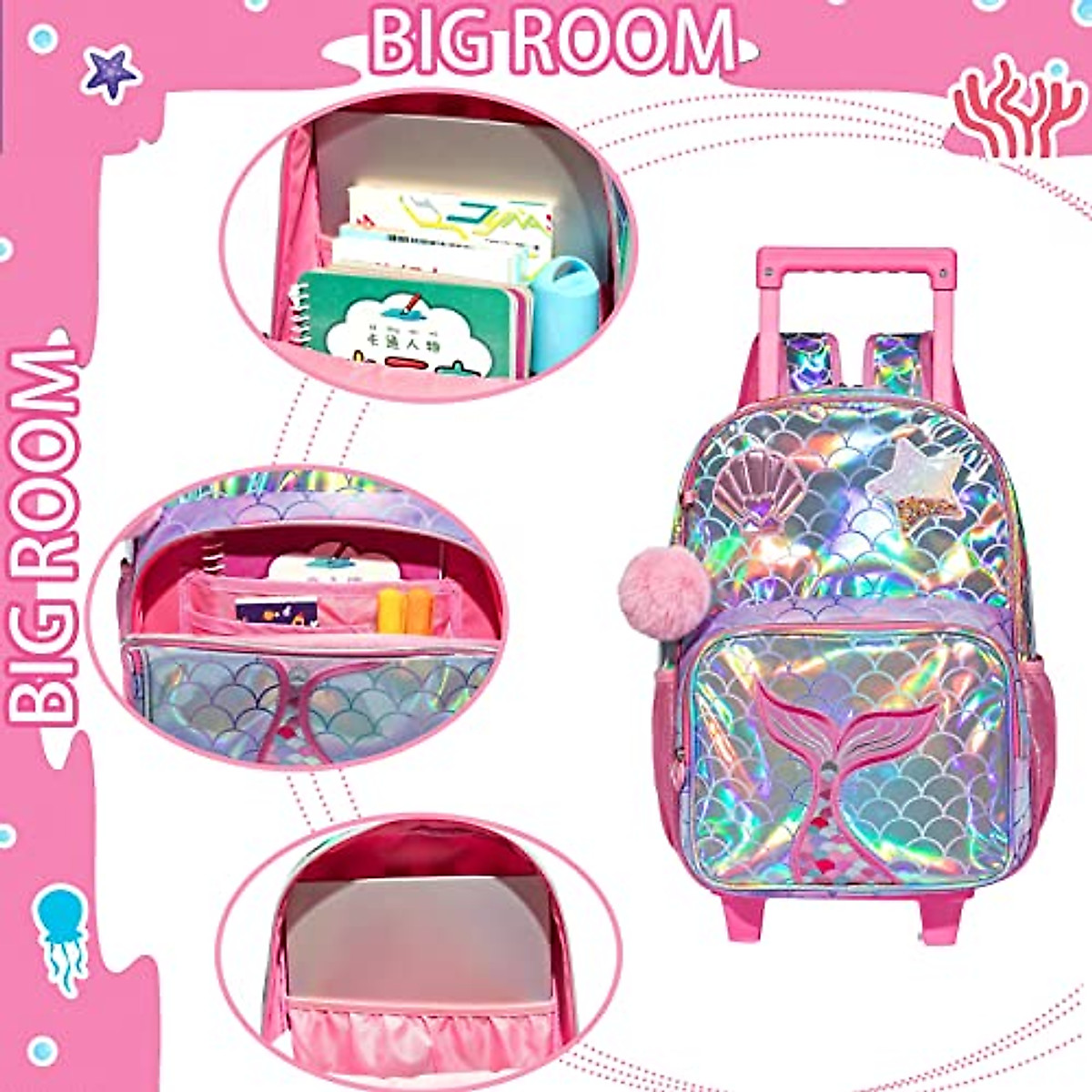 ZBAOGTW Mermaid Rolling Backpack for Girls Kids Backpack with Wheels for Elementary Kindergarten Girls Wheeled Backpack Carry on Luggage for School Travel