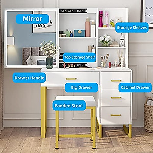 PAKASEPT Makeup Vanity with Sliding Lighted Mirror, Vanity Desk Dressing Table with 4 Drawers, White Vanity with Hidden Shelves & Cushioned Stool for Bedroom(White)