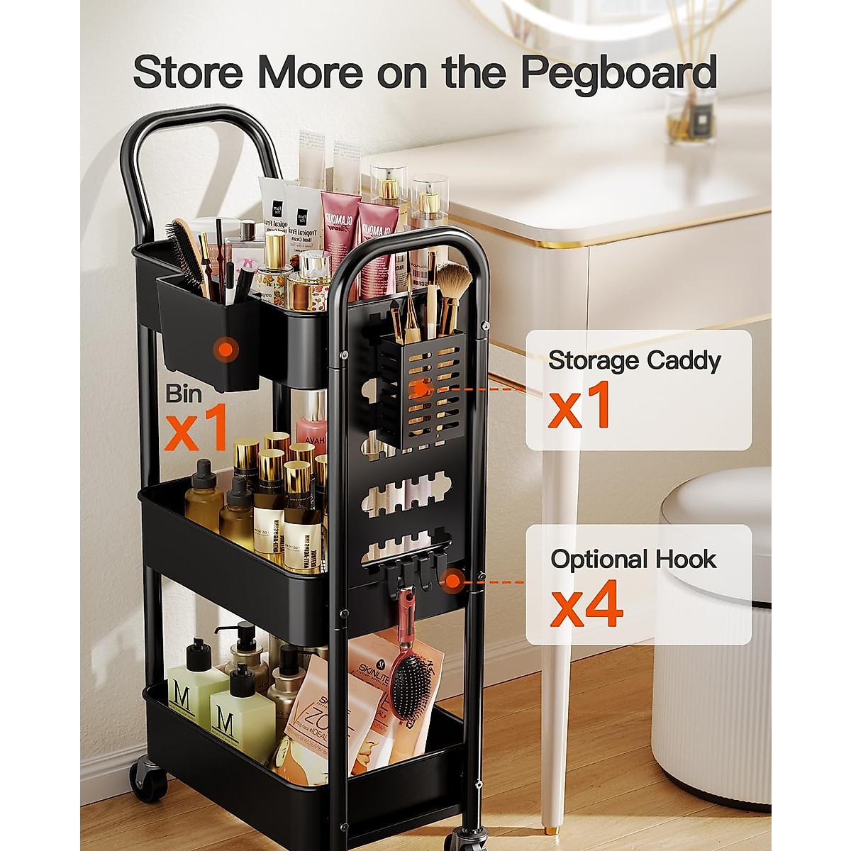 Pipishell 3-Tier Rolling Cart, Metal Utility Cart with Pegboard, Lockable Wheels & U-Shaped Handle, Storage Cart with 2 Hanging Cups & 4 Hooks for Living Room, Bedroom, Kitchen, Office (Black)