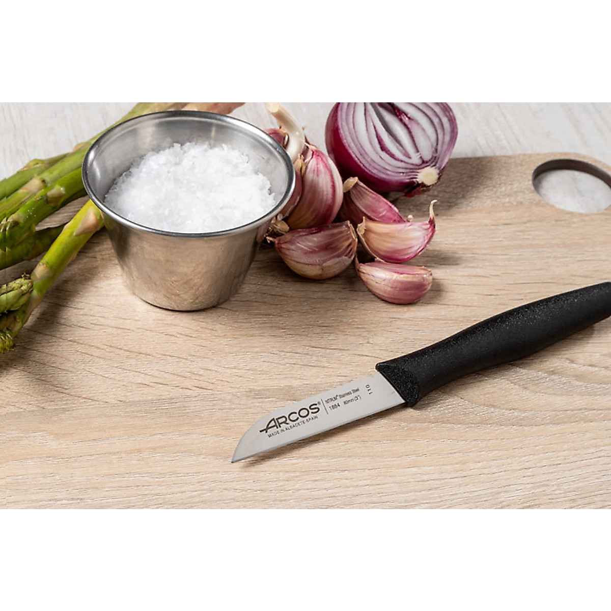 ARCOS Paring knife 3 inches Nitrum Stainless Steel.Paring Knife for Peeling Fruits and Vegetables. Ergonomic Polypropylene Handle and blade 80 mm. Innovation, Elegance. Series Nova. Color Black.