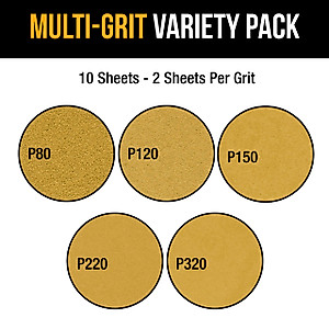 Dura-Gold Premium 9" x 11" Gold Sandpaper, 2 Each 80, 120, 150, 220, 320 Grit Sanding Sheets, 10 Total - Wood Woodworking, Automotive, Cut Use 1/4, 1/3, 1/2 Sheet Finishing Sanders, Hand Sanding Block